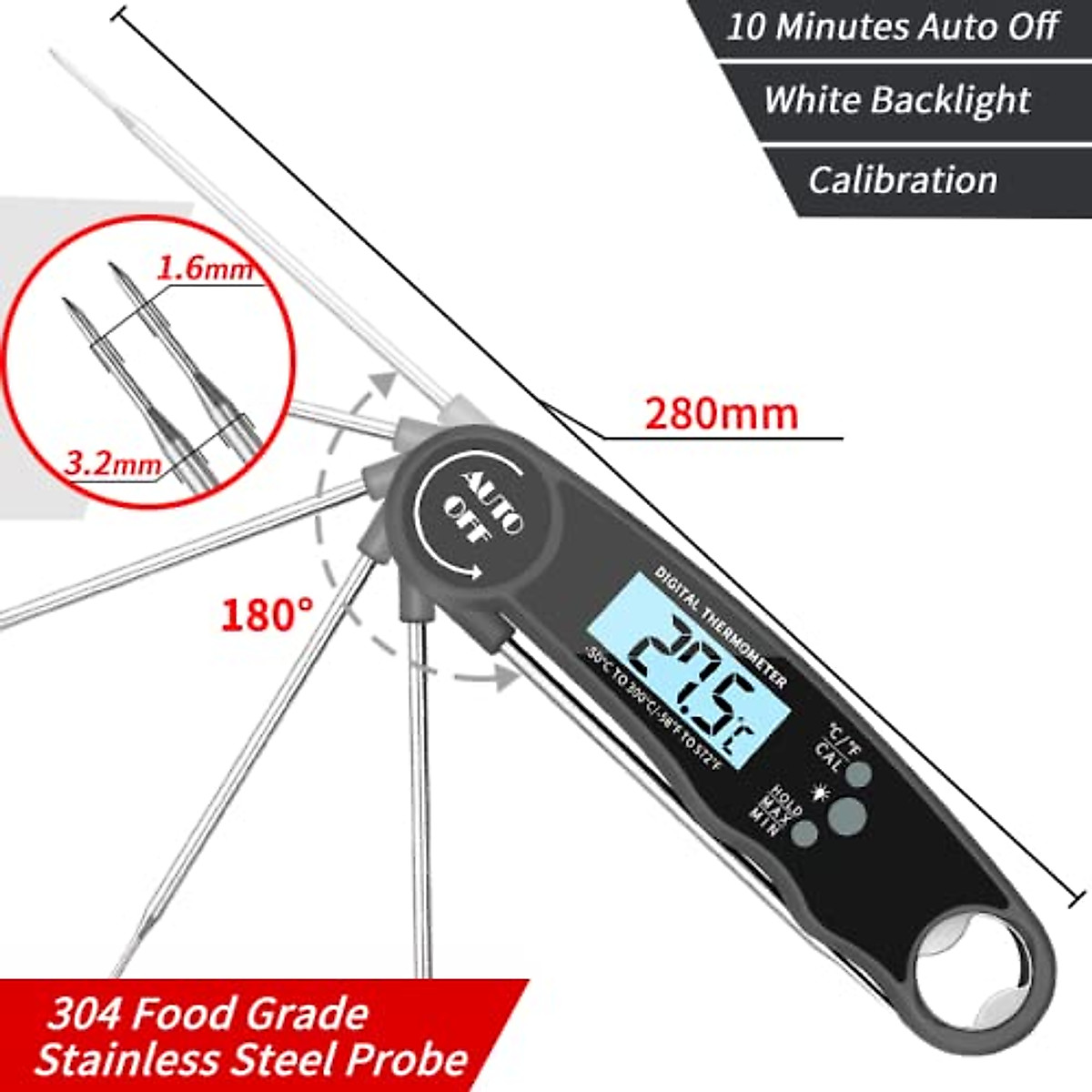 Instant Read Digital Meat Thermometer Waterproof (IP67) Read Food Thermometer for Cooking, Grilling, BBQ and Roast with Backlight Foldable Kitchen Probe Gadget.| Digital Meat Thermometer