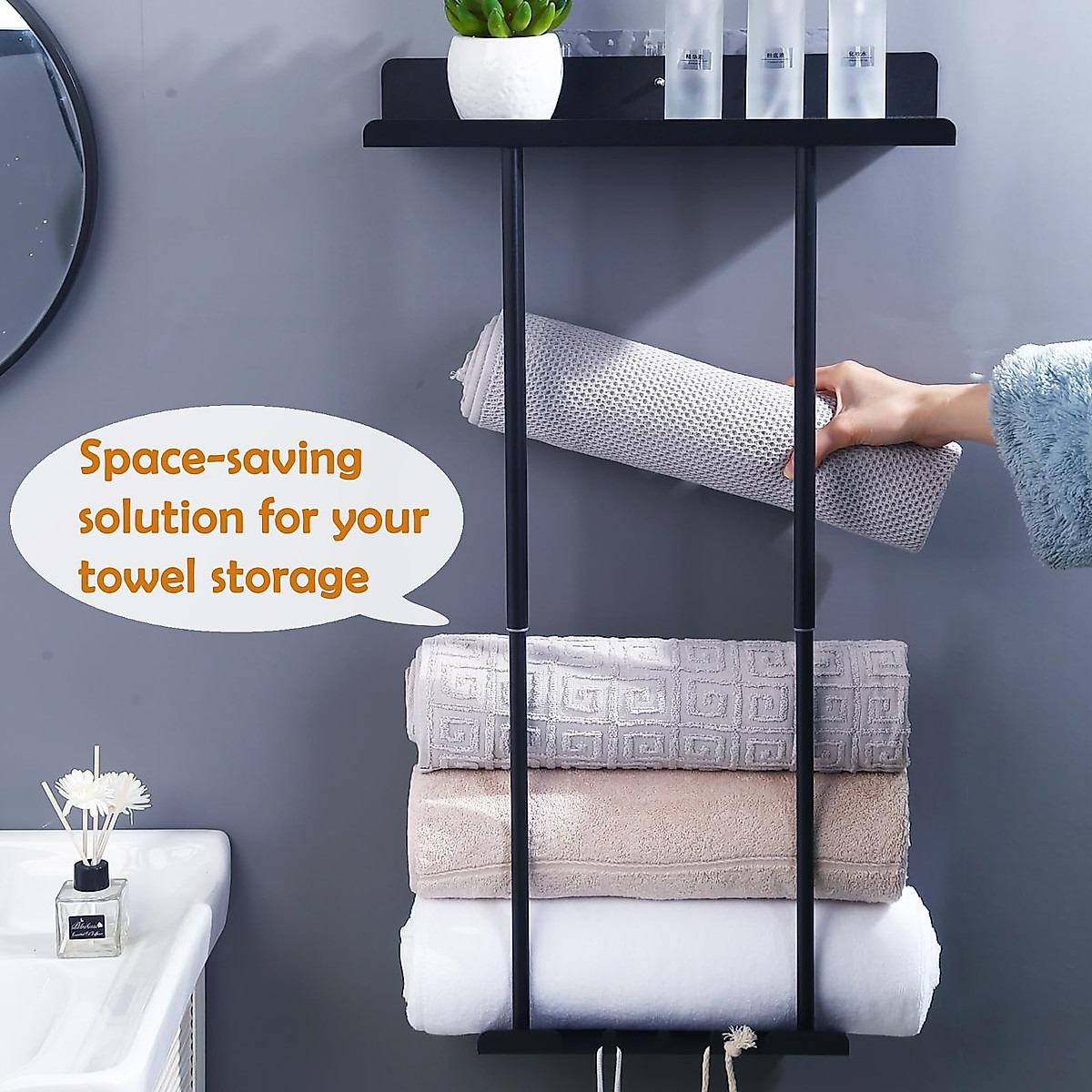 Klapber Metal Towel Rack Wall Mounted Towel Holder for Bathroom Wall, Black Bath Towel Racks for Bathroom Towel Storage Rack with Hanging Hooks & Shelve for Rolled Towel Organizer Modern Towel Shelf