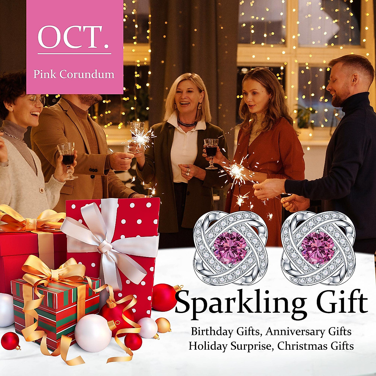 Knot Birthstone Stud Earrings for Women, 18K White Gold Plated 925 Sterling Silver Gemstone Earrings Gorgeous Sparkle Round Cut Pink Corundum October Birthstone Earrings for Women Mom Birthday Gifts