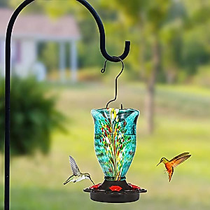 LUJII Hummingbird Feeders for Outdoors with Ant Guard, Blown Glass Hummingbird Feeder for Outside Hanging, 25 oz, Never Leak, Unfading & Anti-Rust, Flower Vase, Garden Backyard Patio Decor, Blue