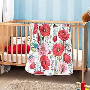 Kigai Red Poppies Birds Baby Blanket for Boys Girls, Swaddle Blankets Soft Cozy Nursery Receiving Blankets Travel Blanket Throw Blankets for Toddler Newborn, 30 x 40 Inch