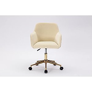 Modern Swivel Home Office Chair,Velvet Upholstered Computer Chair Desk Chair Comfortable Office Chair Adjustable 360° Swivel Office Desk Chair with Golden Base & Wheels for Home Office (Beige)