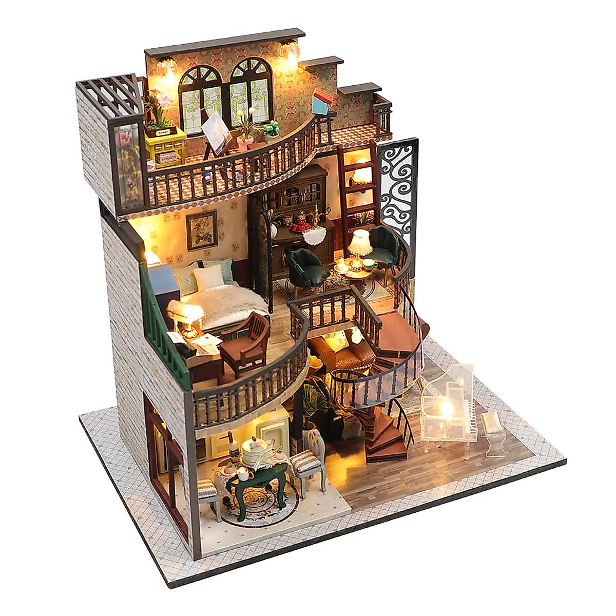 SYCW DIY Dollhouse Miniature Wooden Furniture Kit with Dust Cover and Music Box, Doll House Kit with LED Light, Mini Handmade Wooden Dollhouse Toys, Multicolored