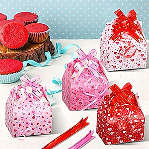 36 Pieces Mini Valentines Day Treat Boxes, Sweet Red and Pink Cardboard Paper Box Heart Printed Candy Boxes for Goody Cookie Holder with 40 Pieces Wrapping Bow Ties for Valentine's Day Party Supplies