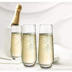KooK Stemless Glass Champagne Flutes, Cocktail Cups for Rose, Prosecco, Mimosa, Great for Weddings and Parties, Dishwasher Safe, 9.4 oz, Set of 8