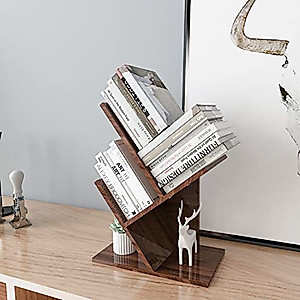 R RUISHENG Wood Tree Bookshelf, 3 Shelves Display Bookcase for Books/Magazines/CDs, Desk Standing Book Shelves Organizer for Office, Bedroom, Living Room