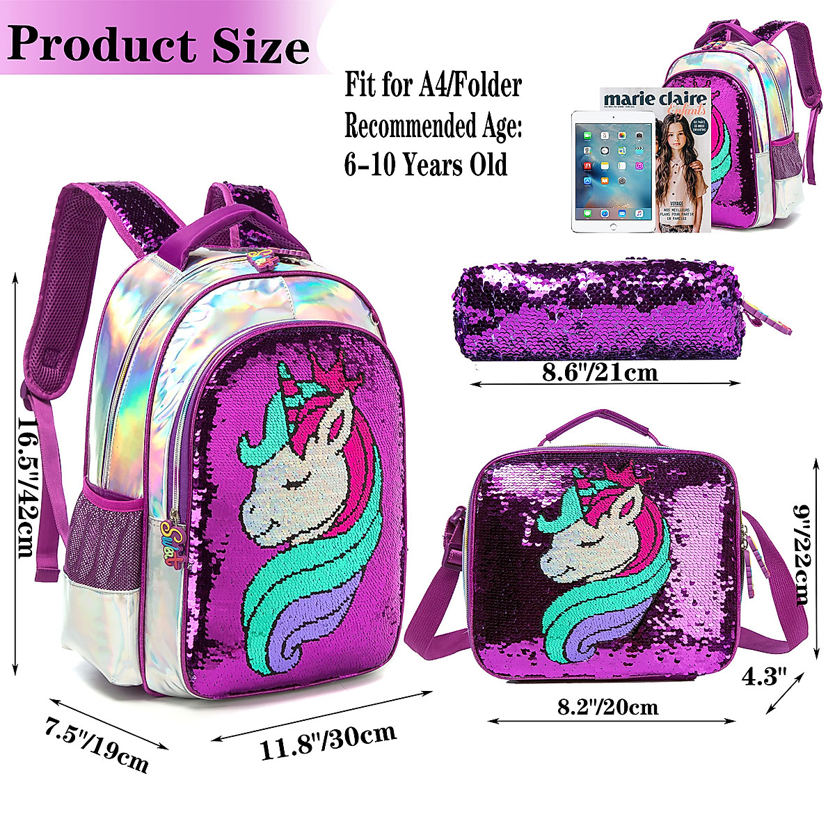 Girls Unicorn Reversible Sequin Backpack Set Magic Glitter Lightweight School Bookbag for Girls Kids Bling Backpack with Lunch Box … Medium