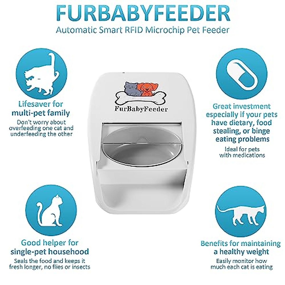 FurBabyFeeder Automatic Microchip Pet Feeder - Uses RFID Collar Tag - Multi-Pet - LCD Display - Suitable for Both Wet and Dry Food (White)