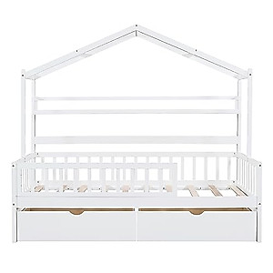 Twin Size House Bed with 2 Drawers and Shelf, Wood House Bed Frame with Roof Design and Safety Guardrail, Montessori Bed for Girls Boys Bedroom, Can be Decorated (White + Wood-A39)
