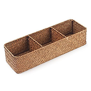 Seagrass Tank Basket for Toilet Paper 3 Sections Woven Storage Basket with Large Compartment Natural (16.5inch x 5.5inch x 3.5inch)