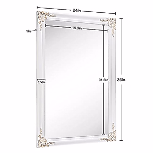 24x36 Inches White Wall Mirror, Wood Framed Rectangle Bathroom Mirror, Vintage Baroque Wall Mirror for Bedroom Bathroom and Living Room