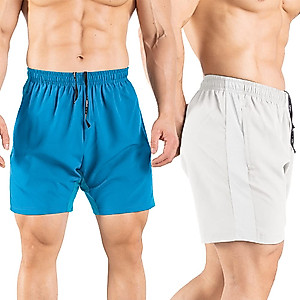 Gaglg Men's 5" Running Shorts 2 Pack Quick Dry Athletic Workout Gym Shorts with Zipper Pockets Light Blue/White,Large