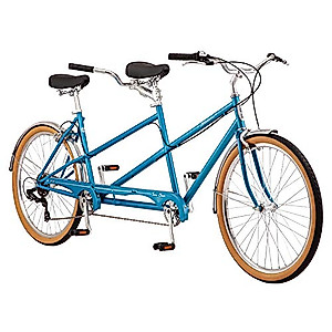 Schwinn Twinn Classic Tandem Adult Beach Cruiser Bike, Double Seater, Low Step Steel Frame, 7-Speed, 650c Urban Tires, Alloy Caliper Brakes, Medium Frame, Blue