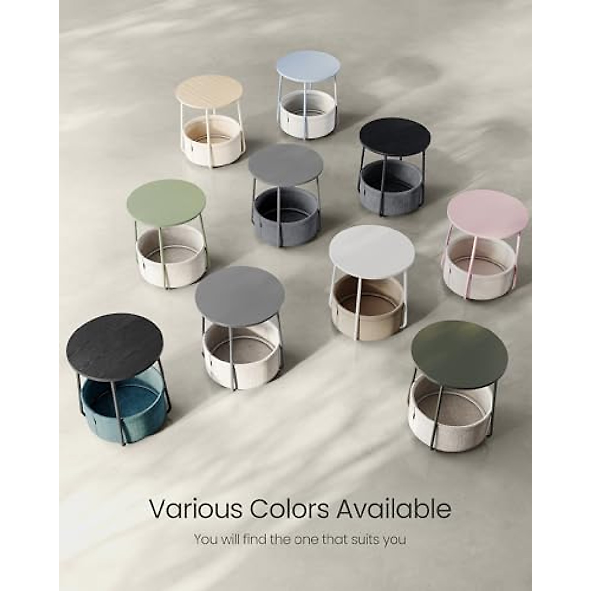 VASAGLE End Table, Small Bedside Table with Fabric Basket, Modern Nightstand, Round Side Table, for Living Room, Bedroom, Cream White ULET223K67