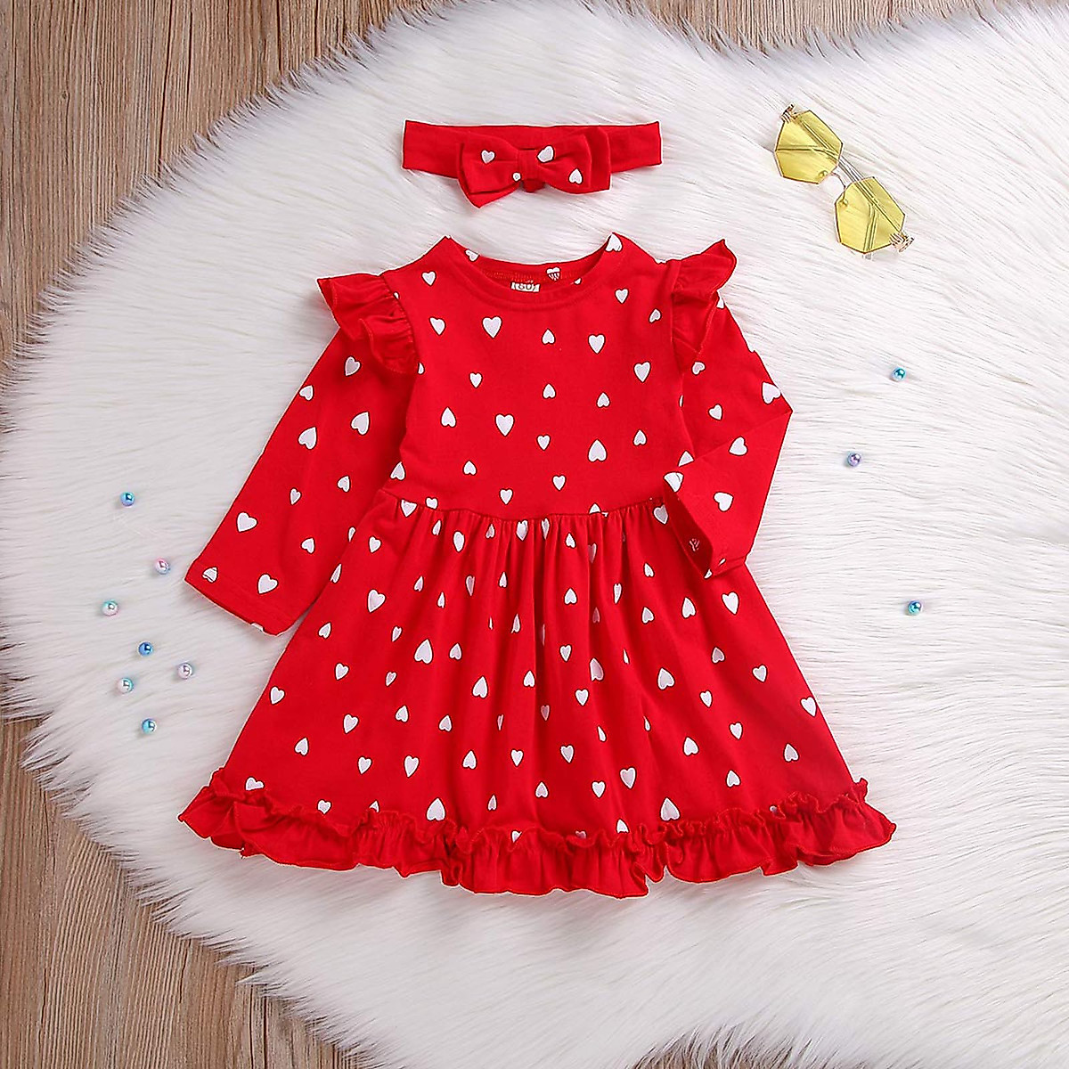 itkidboy Toddler Baby Girl Dress Valentine's Day Clothes Long Sleeve Love Printed Sundress Party Princess Dress (12-18 months) A-red