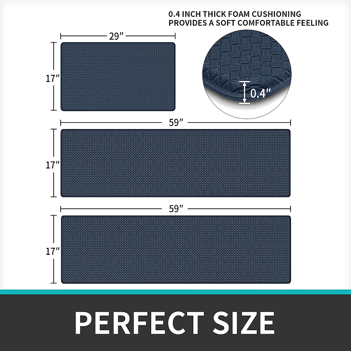 DEXI Kitchen Rugs and Mats Cushioned Anti Fatigue Comfort Runner Mats for Floor Rugs Waterproof Standing Rugs Set of 3, 17"x29"+17"x59"+17"x59" Navy Blue