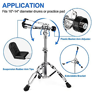 Vangoa Snare Drum Stand Lightweight Double Braced Adjustable Height Snare Stand with Carrying Bag Fit 10" to 15" Dia Drums