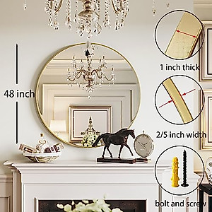 Growsun 48 inch Large Gold Round Mirror, Bathroom Mirror for Wall, Metal Frame Round Mirror for Fireplace Living Room Wall Decor