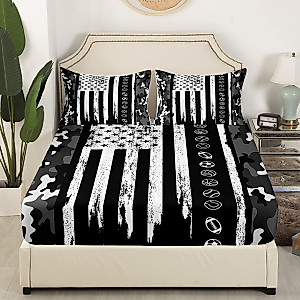 Feelyou Black Camo Bed Sheet Set Camouflage Bedding Set Military Style Fitted Sheet Baseball Football Flat Sheet for Kids Boys Girls Adults Full Size with 2 Pillow Case