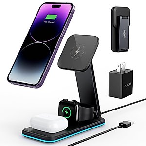 Hohosb Magnetic Charging Station, 3 in 1 Foldable Wireless Charger Stand[Compatible with Magsafe Charger] for iPhone 15/14/13/12 Series, AirPods Pro/3/2,Apple Watch/iWatch(18W Adapter Included)-Black