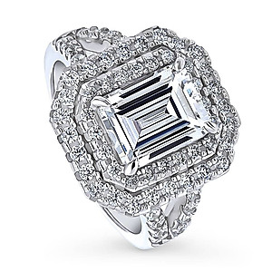 BERRICLE Sterling Silver Halo Wedding Engagement Rings Emerald Cut Cubic Zirconia CZ Statement Cocktail Split Shank Ring for Women, Rhodium Plated Size 8