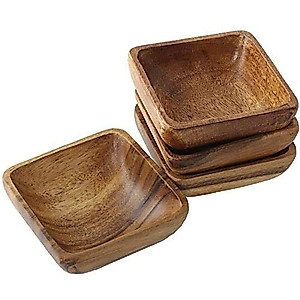 Glaver's Natural Acacia Wooden Bowls Hand-Carved Calabash Dip Tray Bowl S/4 Ideal for Appetizers, Dips, Sauce, Nuts, Candy, Olives, Seeds, Desserts and More. (Square)