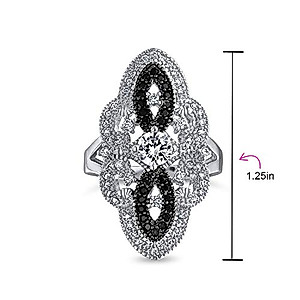 Art Deco Style Black White CZ Filigree Wide Fashion Statement Armor Full Finger Ring For Women Silver Plated Brass