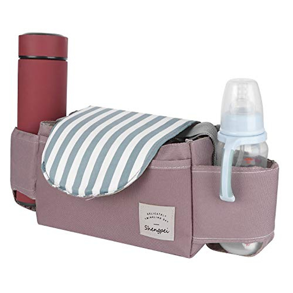 Baby Stroller Hanging Bag Universal Cup Holder Storage Bag Strollers Accessory With Movable Internal Partitionbaby Store Bottles Coffee Cups(Mint stripes)