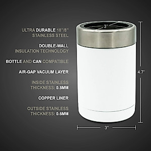 Tahoe Trails Stainless Steel 12oz Vacuum Insulated Can and Bottle Cooler | Double Wall Can Cooler For Cans and Bottles | Copper Plated Can Chiller and Metal Cooler | White