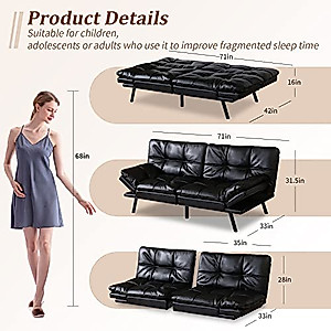 Opoiar Futon Sofa Bed,Lounge Memory Foam Sleeper Couch for Living Room,Convertible Modern Loveseat for Compact Living Spaces,71" W,Leather/Black