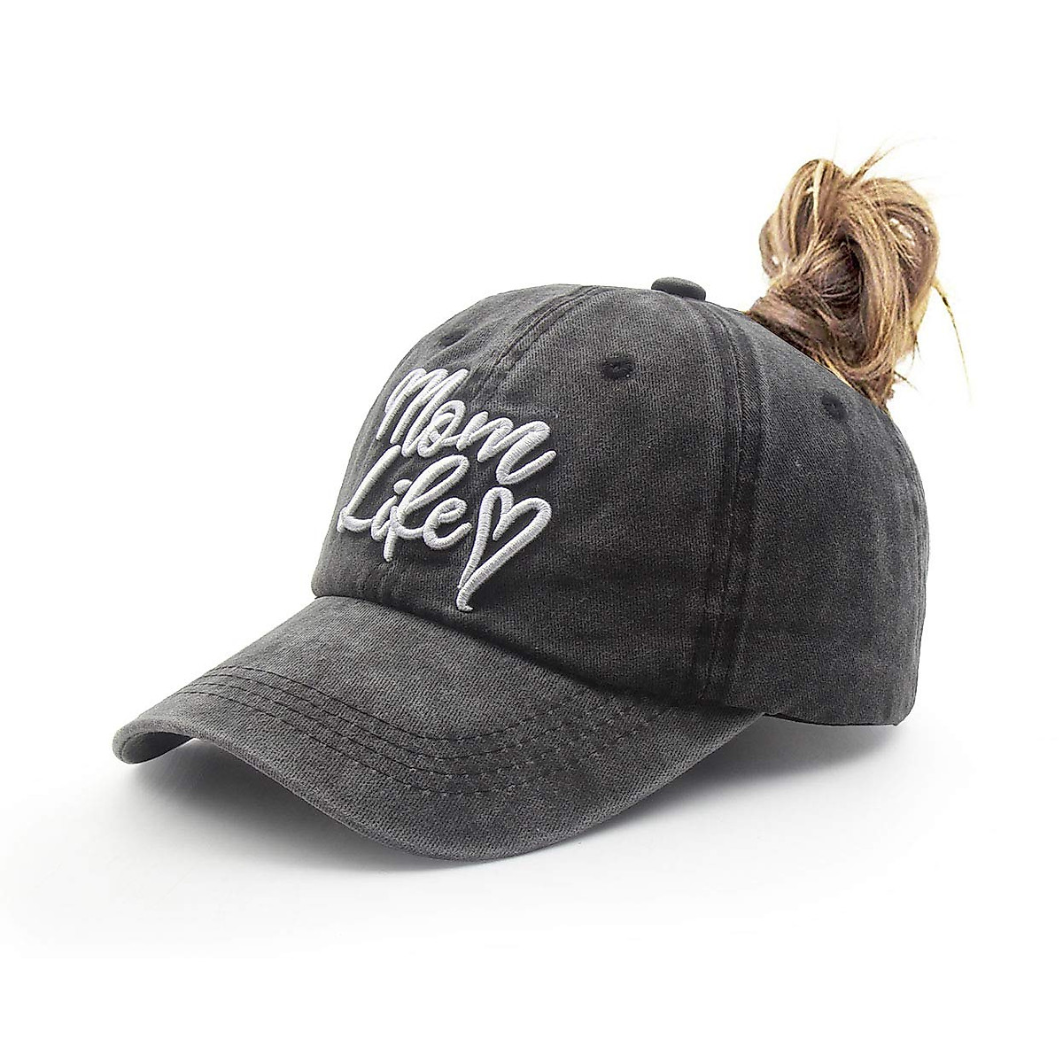 Splash Brothers Customized Mom Life Heart Ponytail Hats for Women, Funny Adjustable Washed Cotton 3D Embroidered Baseball Cap for Mom Mama Grandma