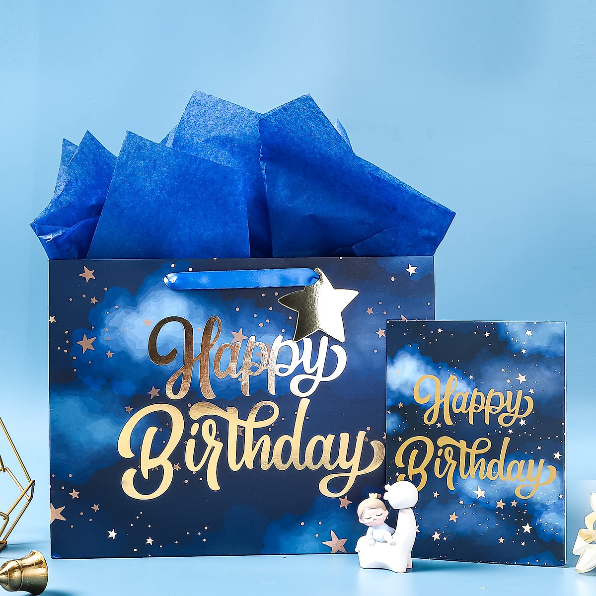 WRAPAHOLIC 13" Large Gift Bag with Card and Tissue Paper - Navy Star Gold Foil Happy Birthday