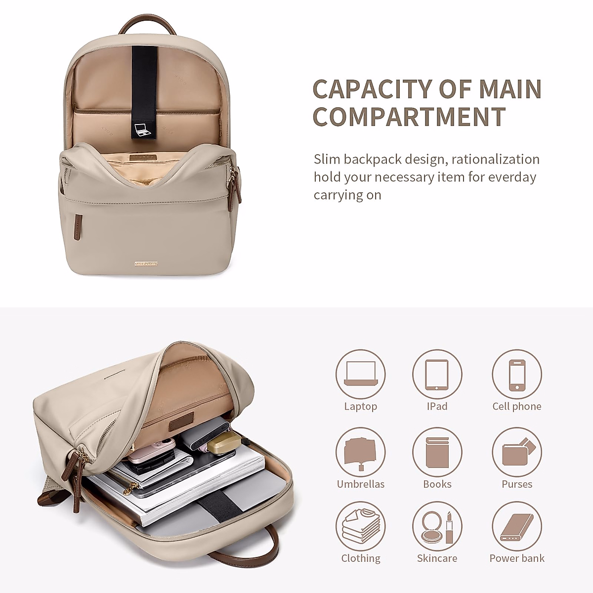 GOLF SUPAGS Laptop Backpack for Women Slim Computer Bag Work Travel College Backpack Purse Fits 15.6 Inch Notebook (Apricot)