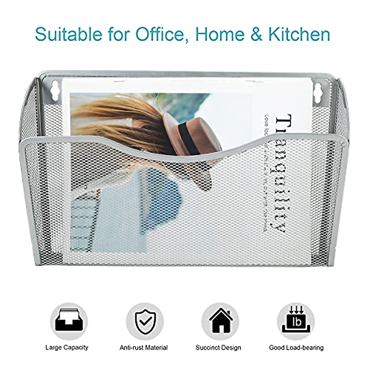 PAG 3 Pockets Hanging File Holder Organizer Metal Wall Mount Magazine Rack, Silver