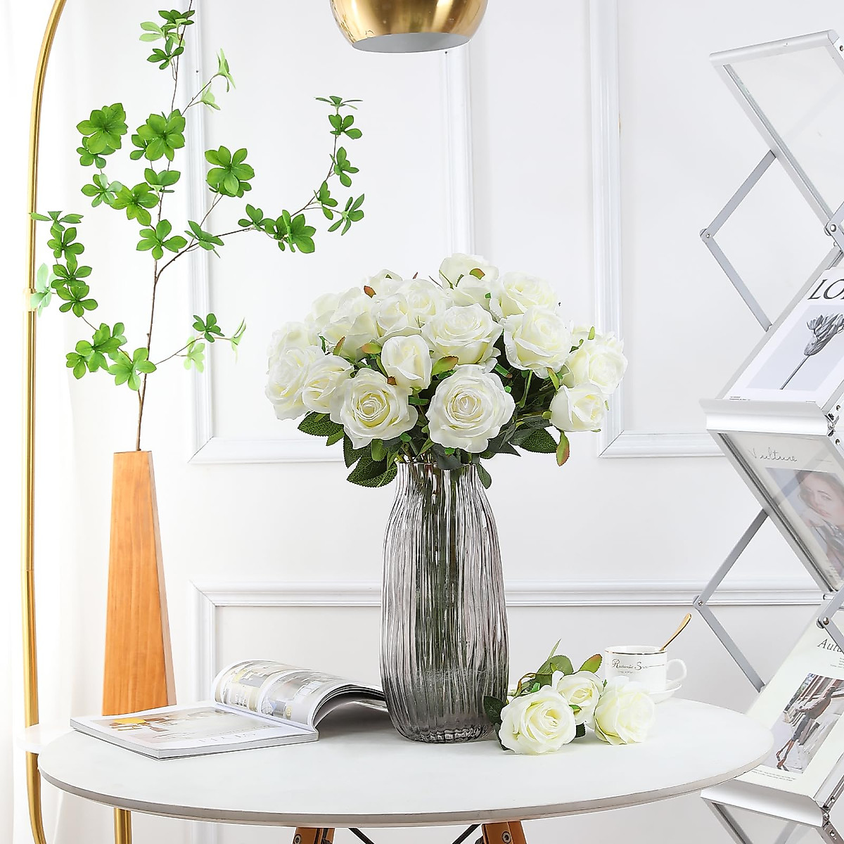 Tifuly White Roses Artificial Flowers -12 pcs Realistic Single Long Stem Fake Silk Roses Bouquet for Party Home Wedding Centerpiece Office DIY Decor（Off White）