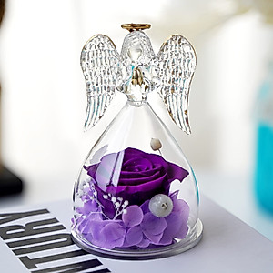 Yamonic Mom Birthday Gifts for Mom Grandmas, Angel Figurines with Real Rose Gifts for Her Mom Grandma,Preserved Flowers Rose Angel Figurines for Mothers Day Christmas Birthday Gifts for Women(Purple)