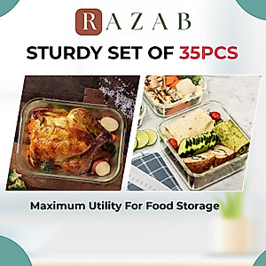 Razab 35 Pc Set Glass Food Storage Containers with Lids - Glass Meal Prep Containers Airtight Glass Bento Boxes BPA-Free 100% Leak Proof (15 lids,15 glass & 5 Plastic Sauce/Dip Containers)