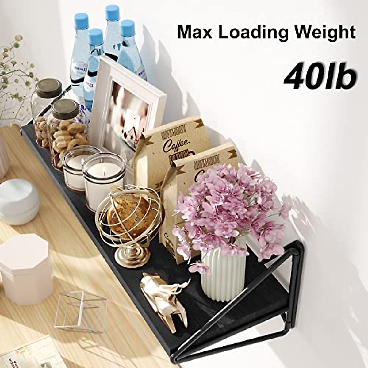 SRIWATANA Floating Shelves Wall Mounted, Rustic Wood Wall Shelves Set of 3 for Bedroom, Living Room, Kitchen, Bathroom - Black