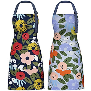 NLUS 2 Pieces Aprons for Women with Pockets, Adjustable Floral Kitchen Apron with Long Ties for Cooking, Drawing, Crafting(Black/Blue)