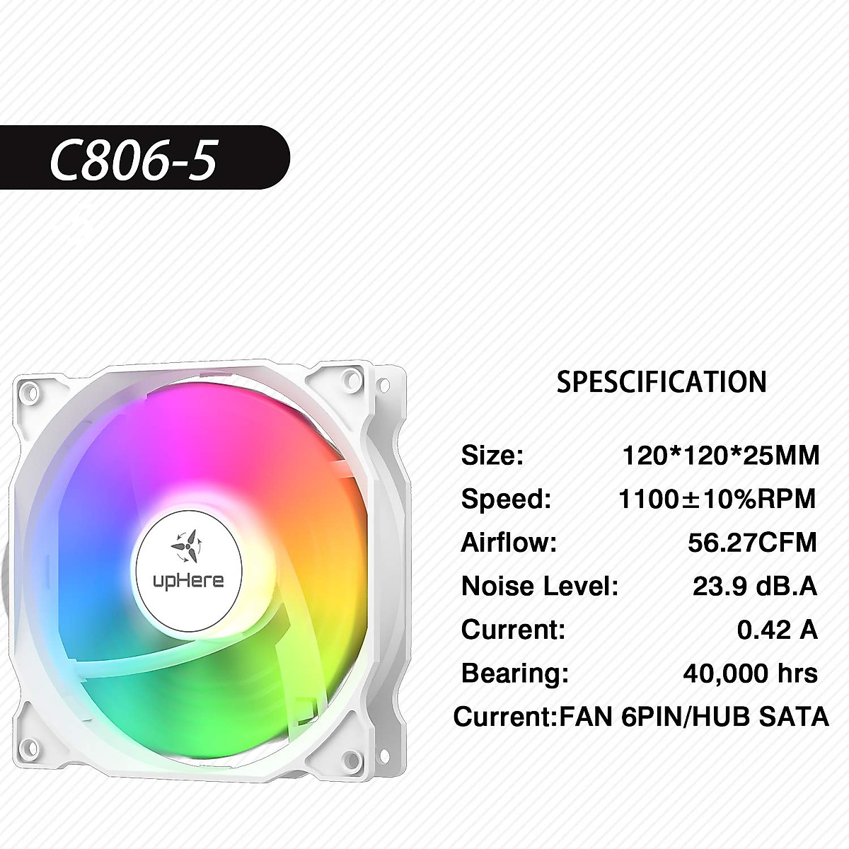 upHere 120mm RGB Case Fan,Quiet Edition High Airflow Adjustable Color LED Case Fan for PC Cases, CPU Coolers,Radiators System,5-Pack,White Edition/C806-5
