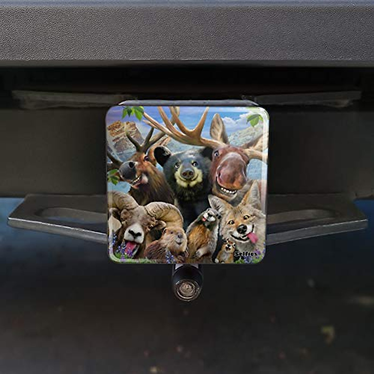 Rocky Mountain Animals Selfie Bear Moose Elk Ram Beaver Fox Tow Trailer Hitch Cover Plug Insert