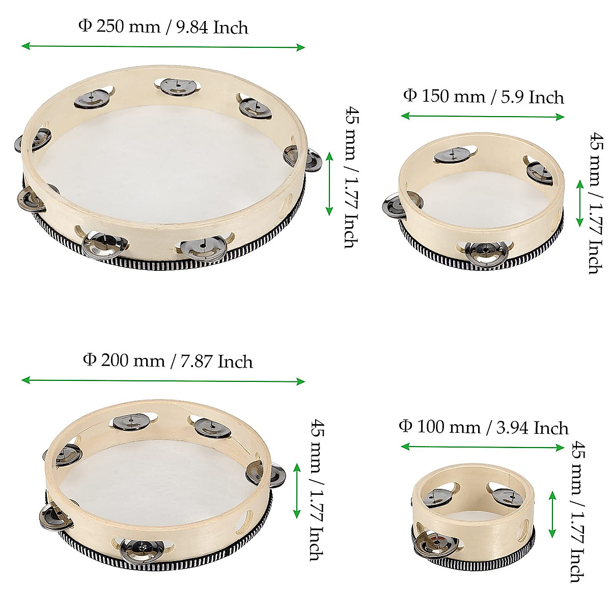 MAHIONG 4 PCS 4" 6" 8" 10" Wooden Tambourine, Musical Instrument Tambourine Set, Handheld Drum Bell Metal Jingles Single Row Percussion for Church, KTV, Party