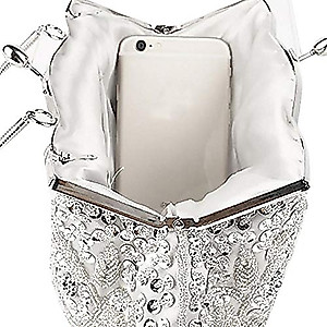 Women Beaded Sequin Design Flowers Evening Wedding Clutch Handbag Purse Vintage Beaded Embroidery Crossbody Evening Bag (Silver)