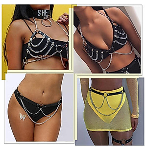 Ludress Leather Body Chain Suit Punk Layered Chest Chain Party Waist Belt Chain Black PU Belly Chain Rave Festival Club Body Jewelry for Women(Pack of 2)