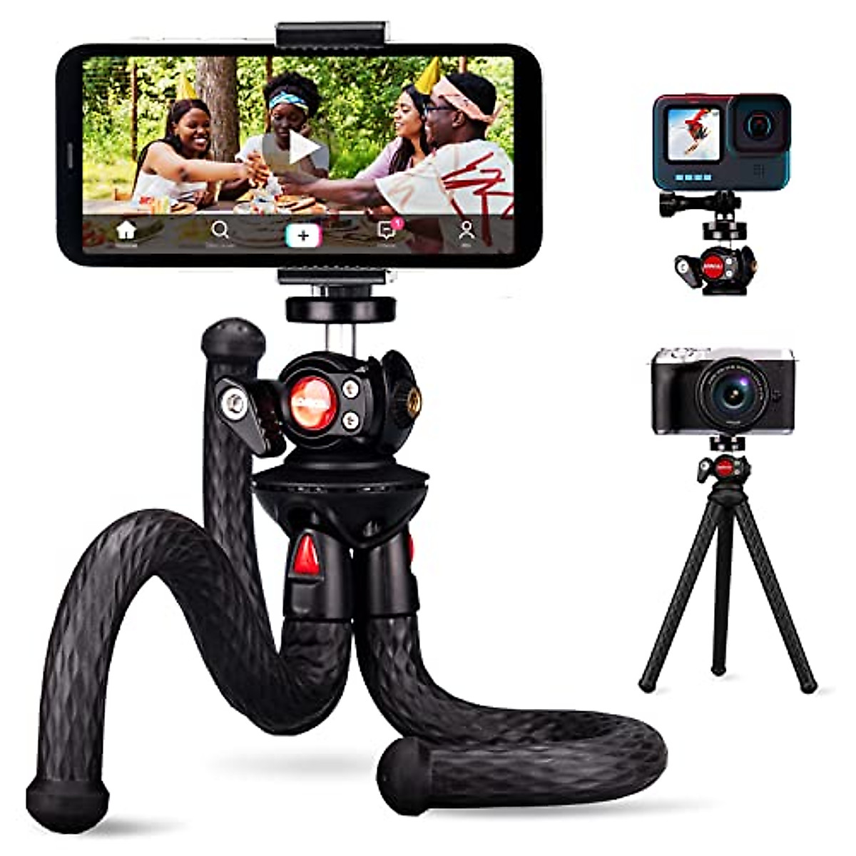Phone Tripod, Lammcou 3 in 1 Flexible Tripod for Camera, Cell Phone, Universal 360 Degree Rotation Phone Holder with Tilt Ballhead for Video Recording, Vlogging, Live Streaming (Black)