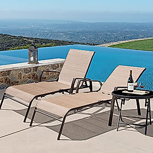 Flamaker Adjustable Patio Chaise Lounge Set 3 Pieces Textiline Outdoor Foldable Metal Reclining Chairs with Sturdy Glass Top Bistro Table for Beach, Poolside, Backyard, Porch (Beige)