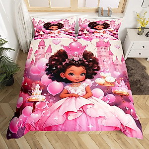 Manfei American Style Girl Duvet Cover Set,Fairy Tale Black Princess Crown Glitter Comforter Cover(No Filler) for Kids Teens,Dreamy Pink Castle Birthday Cake Quilt Cover with 2 Pillows,Full Size