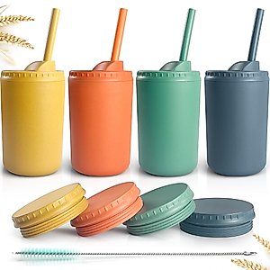 Teivio 4 pcs 10 oz Wheat Straw Kids/Toddler Cups with Lid and Straws, Reusable Spill proof cups for Kids,Unbreakable plastic cups with Silicone Straws&Cleaning Brush,Dishwasher Safe,Autumn Multicolor