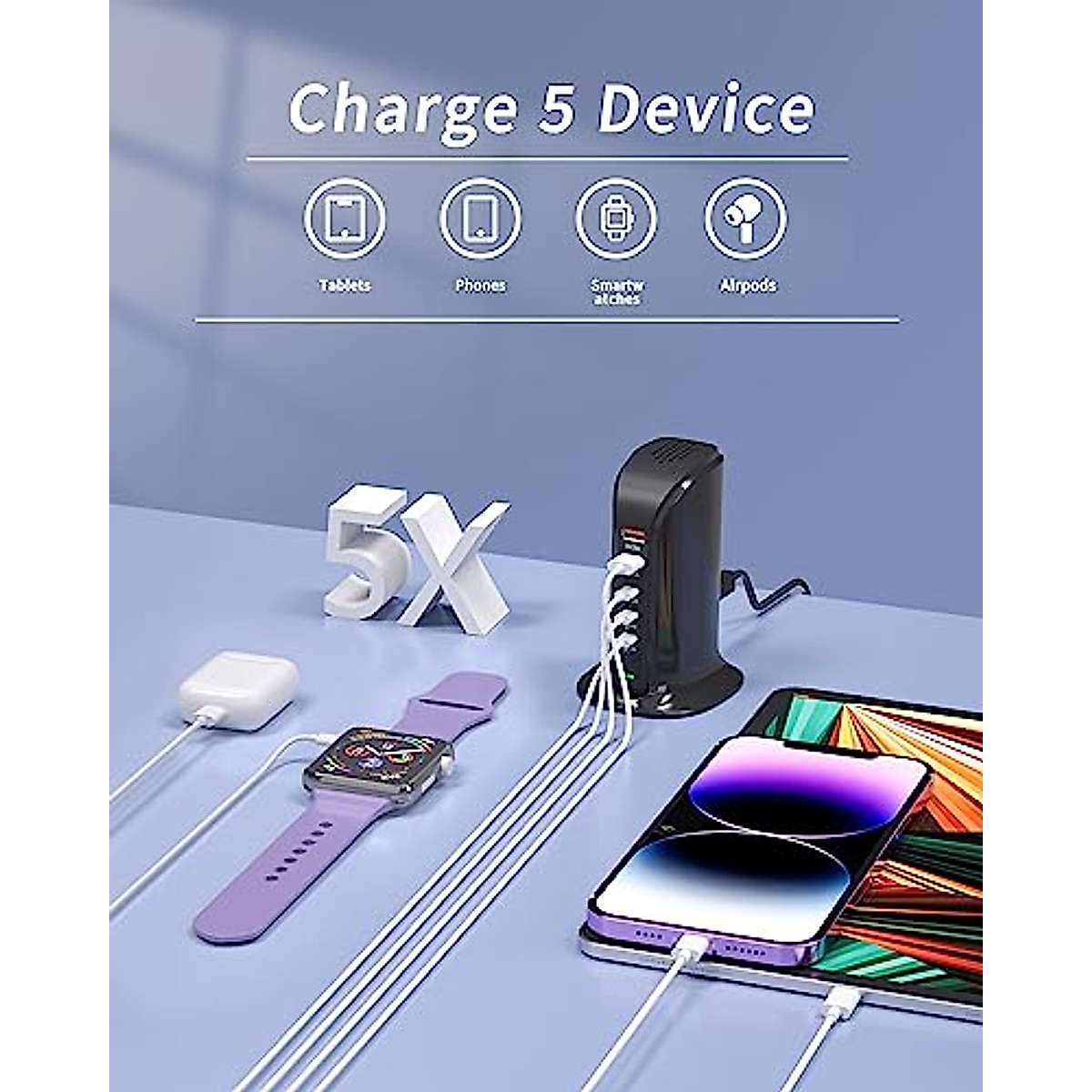 VPSUN USB C Charger Tower 55W, USB Charging Station 5 Port USB Block for iPhone 15/14/13/12, iPad, Samsung Galaxy, Google Pixel,HTC, and Multiple Devices 5V