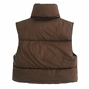KEOMUD Women's Winter Crop Vest Lightweight Sleeveless Warm Outerwear Puffer Vest Padded Gilet Brown Small